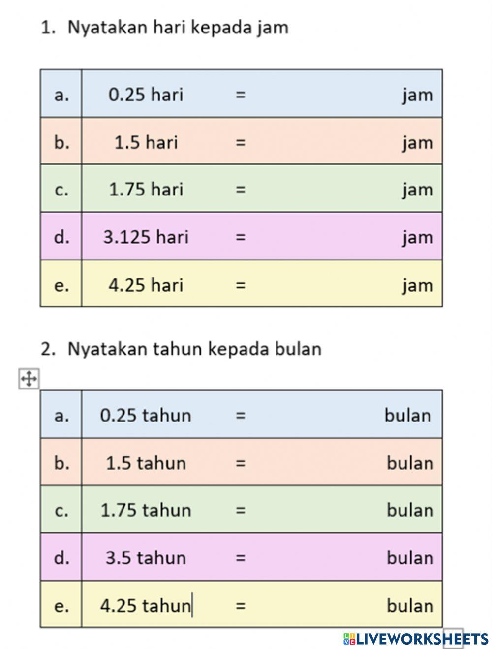Menukar unit masa worksheet | Live Worksheets