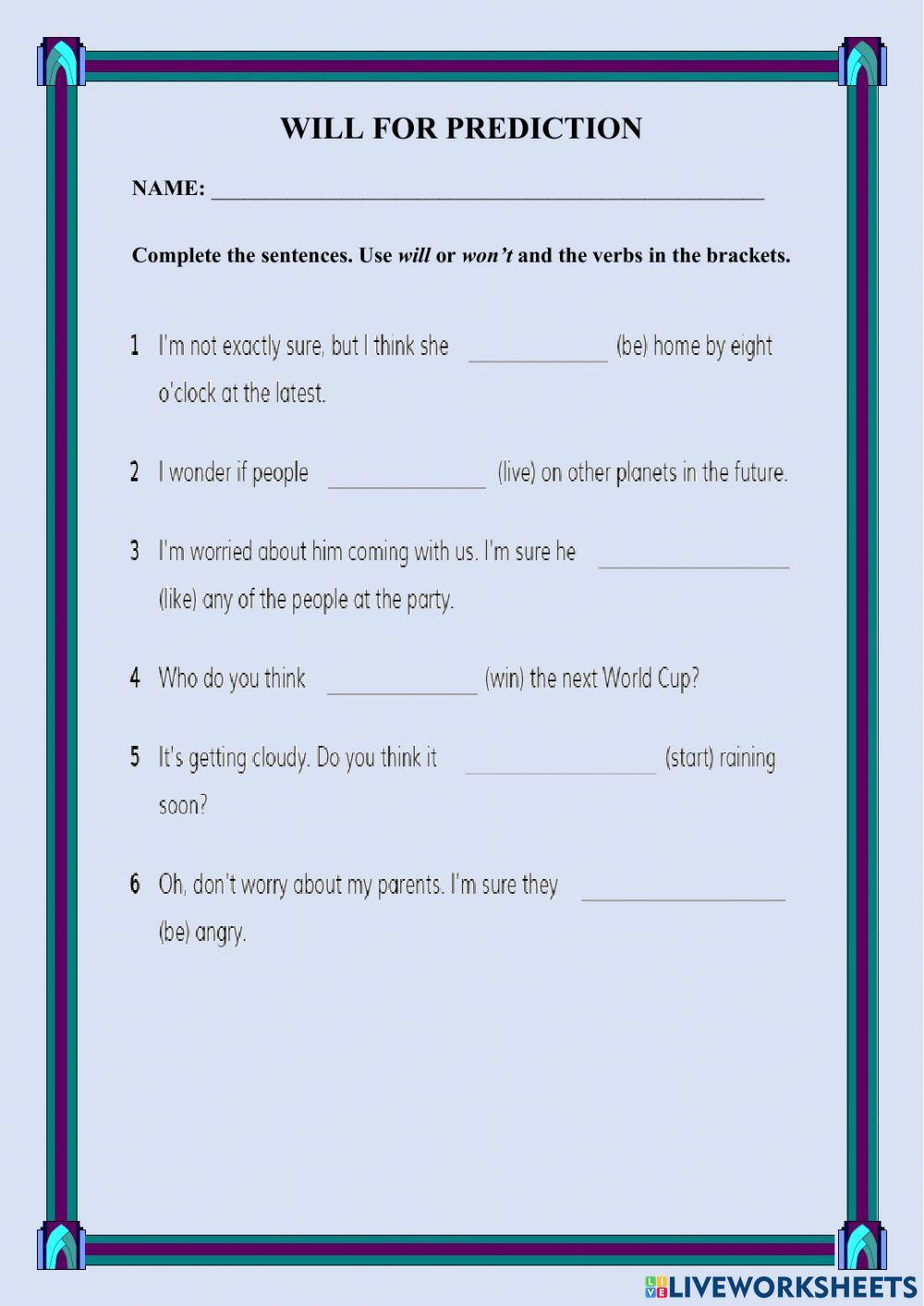 Will for predic… | Free Interactive Worksheets | 1290376