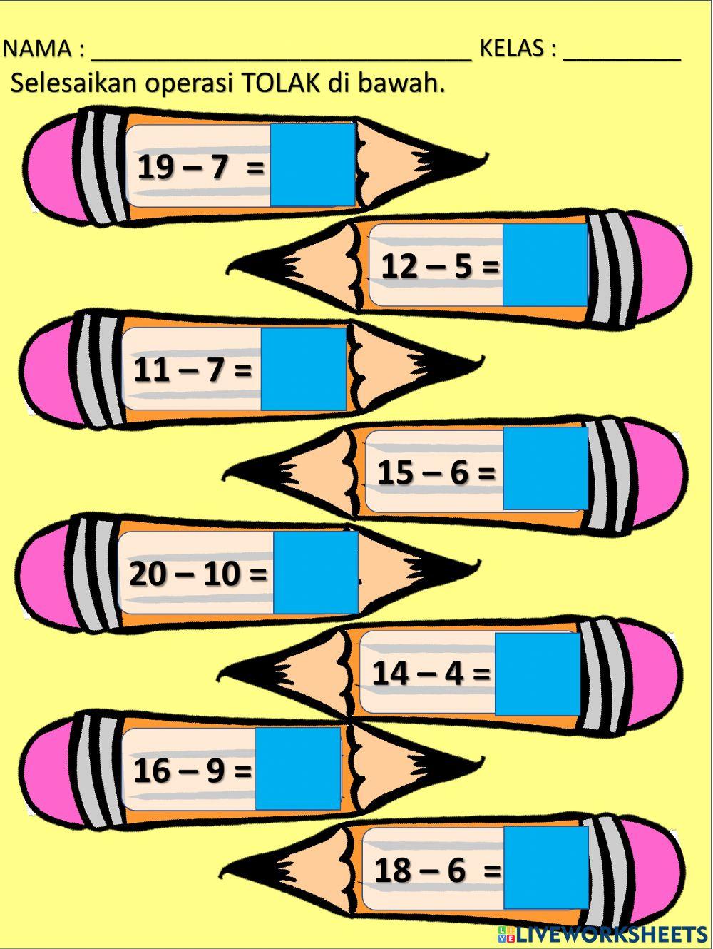 Operasi tolak online exercise for PK | Live Worksheets