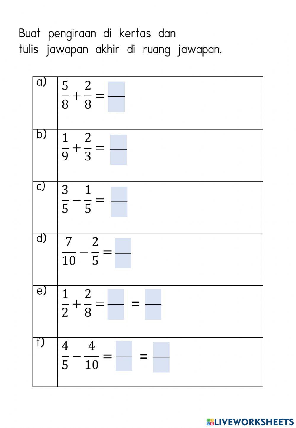 Tambah tolak pecahan tahun 3 | LiveWorksheets | 1290962