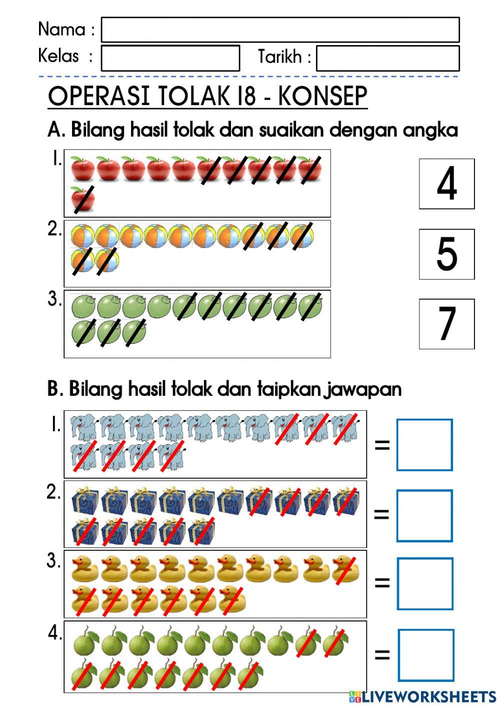 Operasi Tolak 18 - Konsep worksheet | Live Worksheets