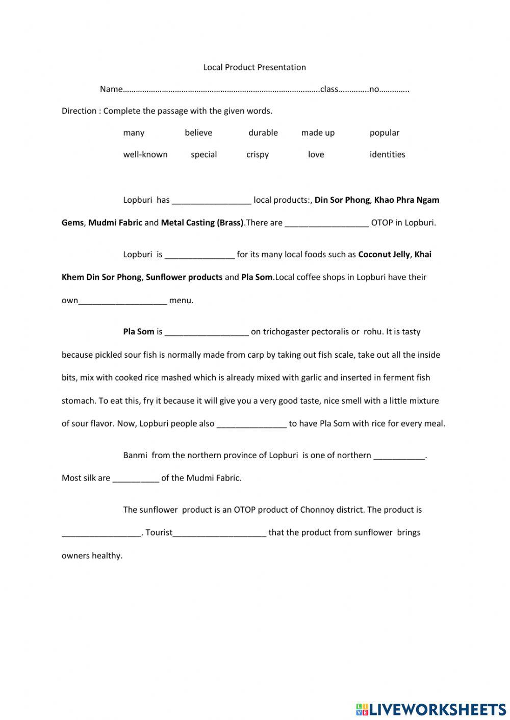 Local Product Presentation online exercise for | Live Worksheets