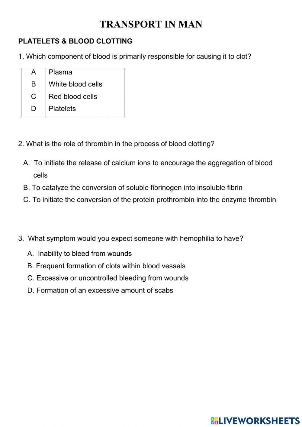 Platelets and blood clotting worksheet | Live Worksheets