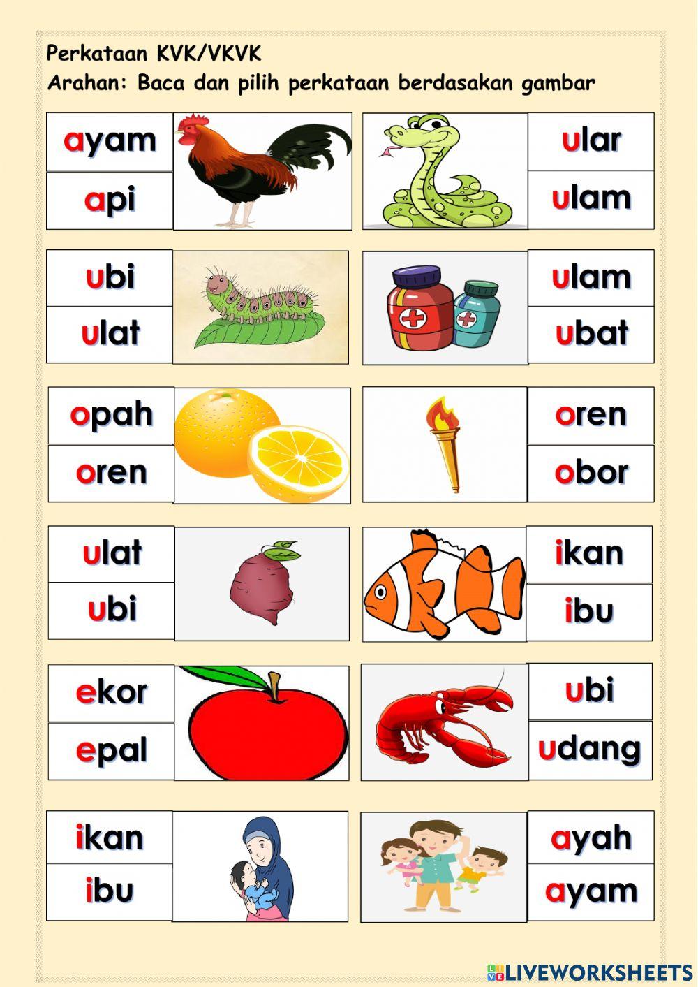 Huruf vokal aeiou activity | Live Worksheets