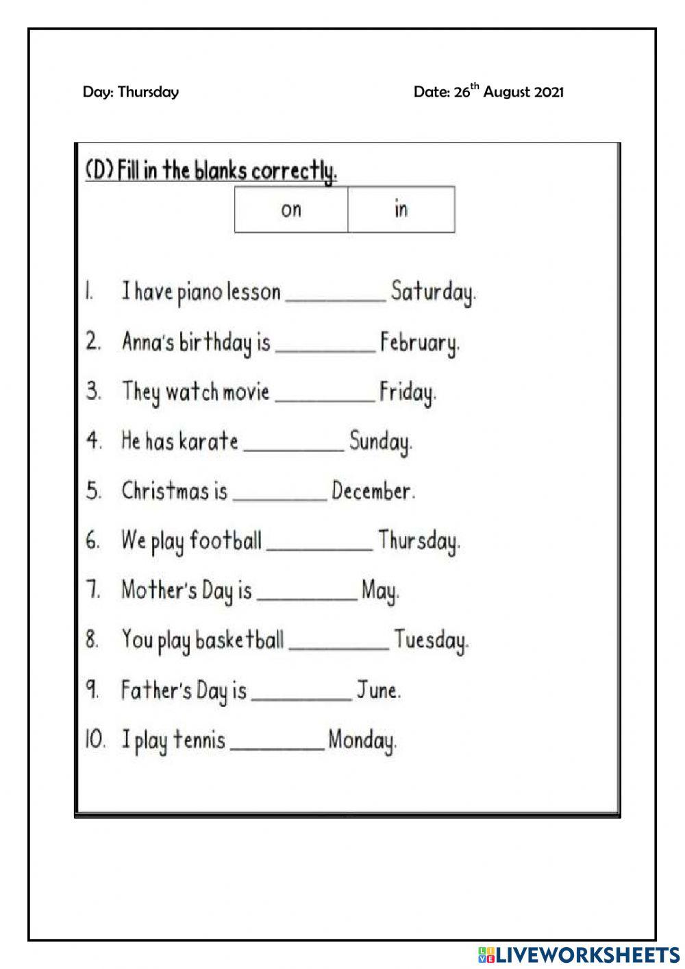 Prepositions on and in worksheet | Live Worksheets