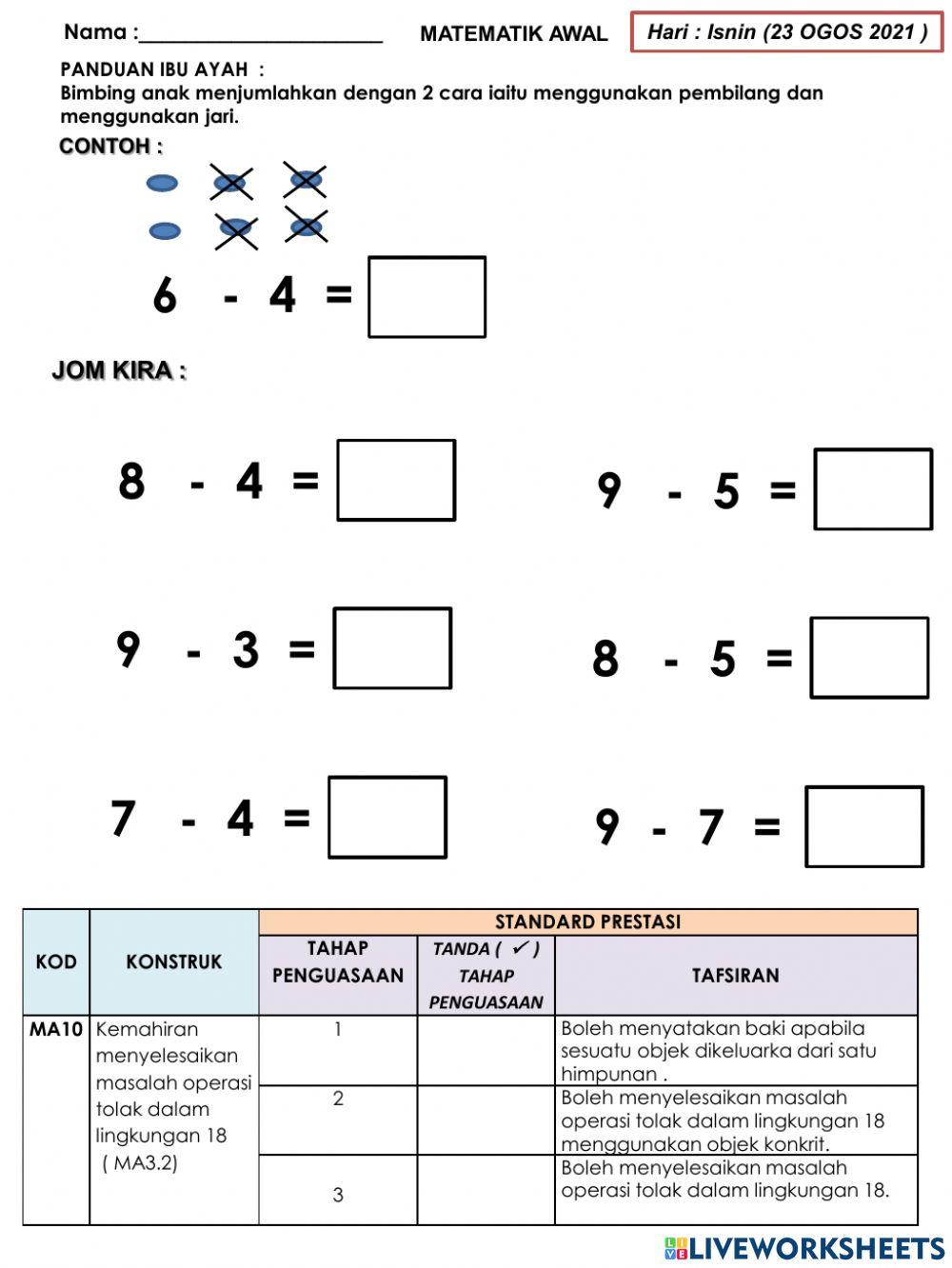 Operasi Tolak 1292400 | Suraiya Han | LiveWorksheets