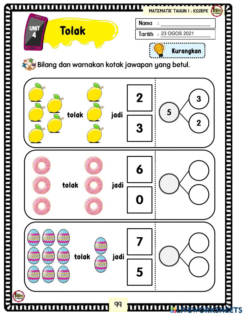 Operasi Tolak online exercise for 7 | Live Worksheets