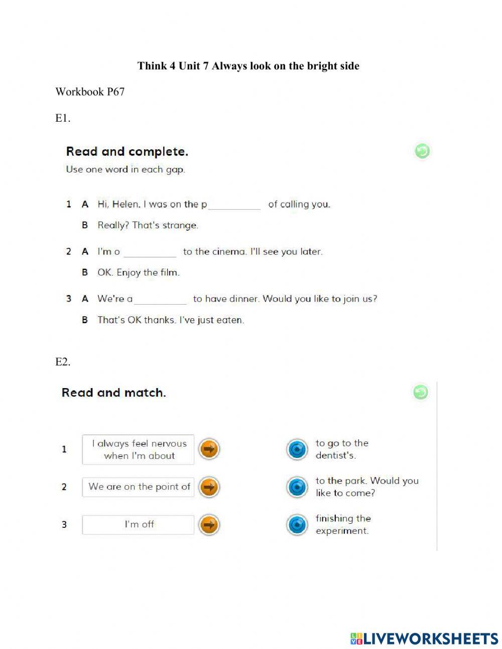 Think 4 Unit 7 WB P67 interactive worksheet | Live Worksheets