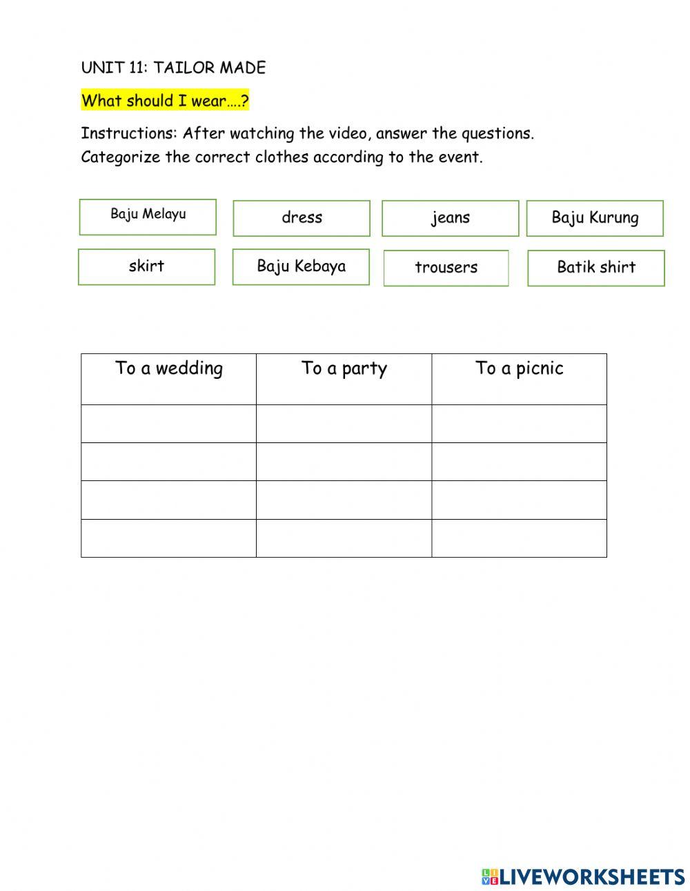 Unit 11: Tailor Made activity | Live Worksheets
