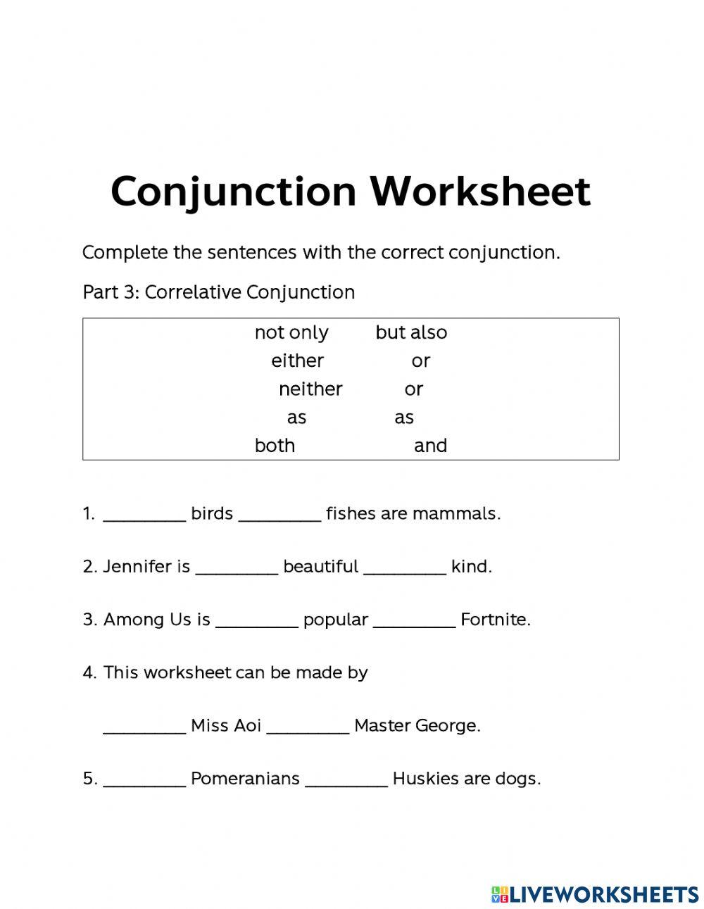 Conjunction Worksheet online exercise for | Live Worksheets