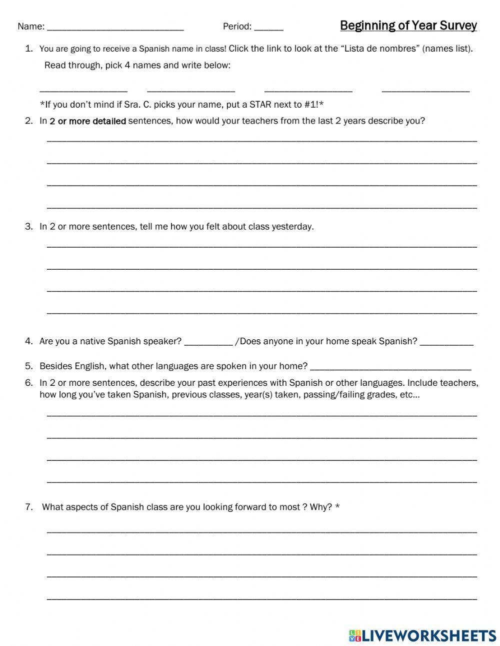 Beginning of Year Survey -Spanish 1 worksheet | Live Worksheets