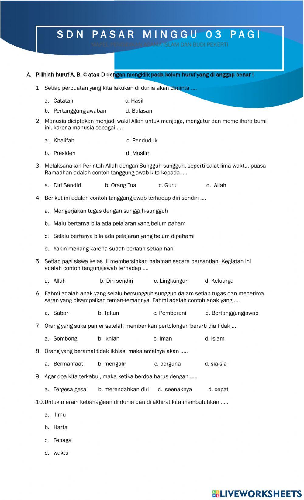 Pendidikan agama Islam Pendidikan Agama Islam (PAI) worksheet | Live ...