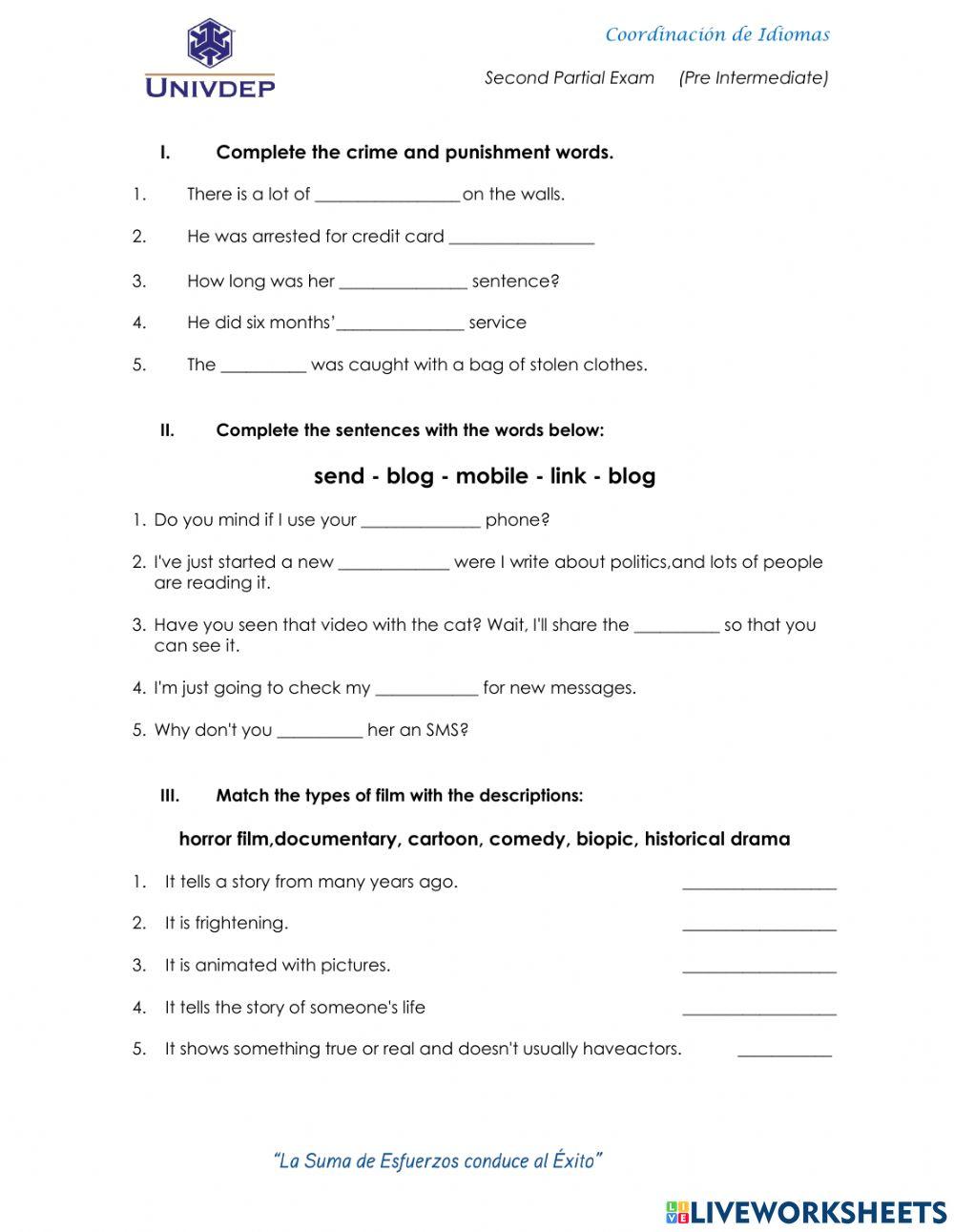 Pre Intermediate Second Exam worksheet | Live Worksheets