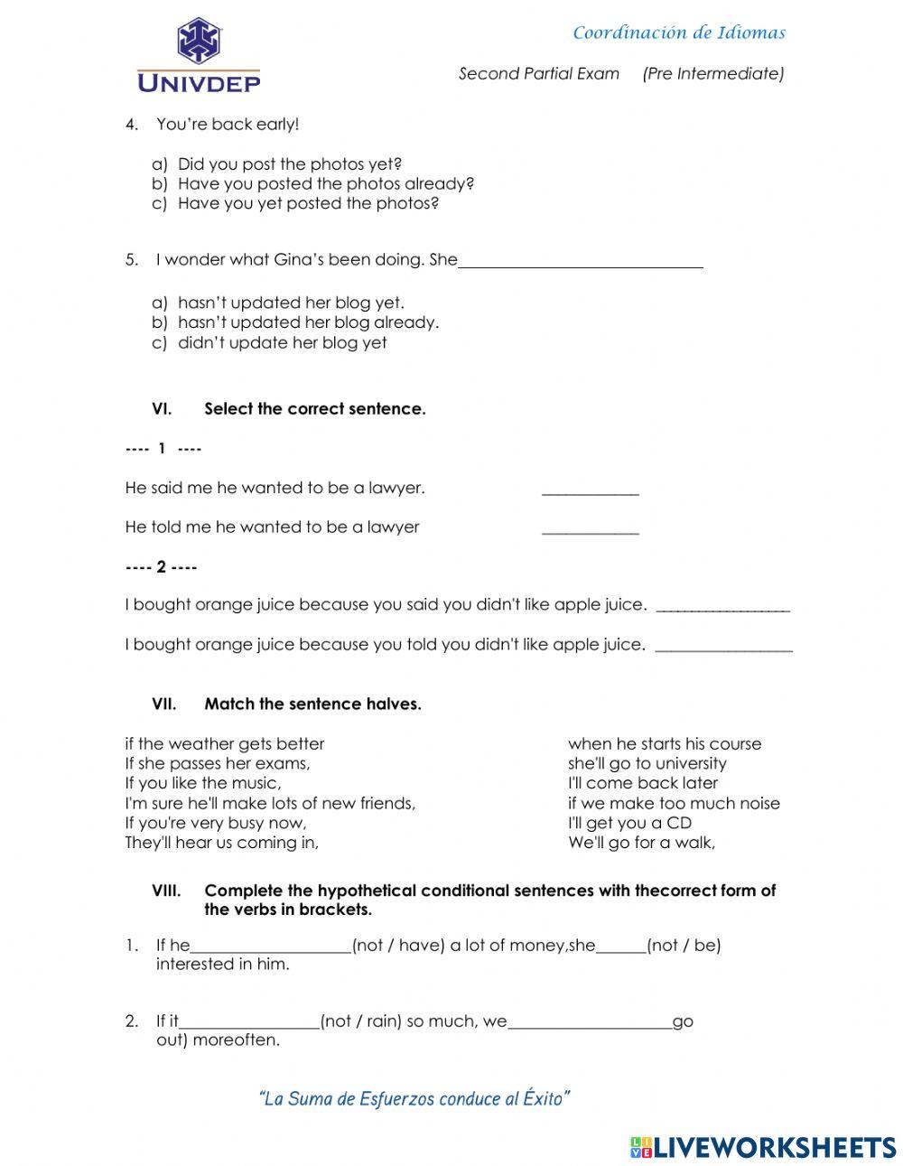 Pre Intermediate Second Exam worksheet | Live Worksheets