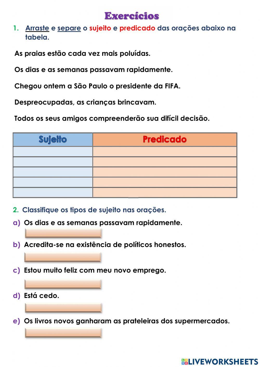 Sujeito E Predicado Exercícios Com Gabarito Pdf - BINKEDU