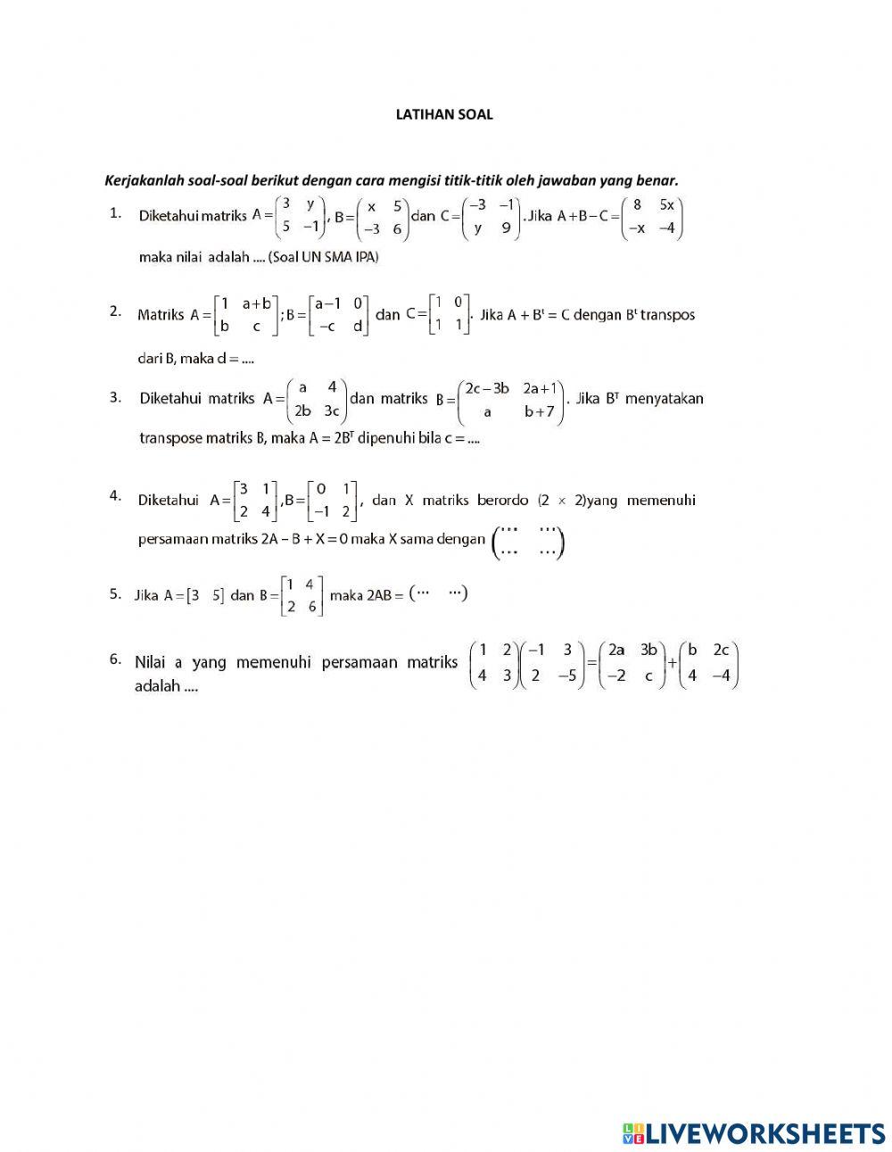 Latihan matriks 1 2340 | saenudin | Live Worksheets