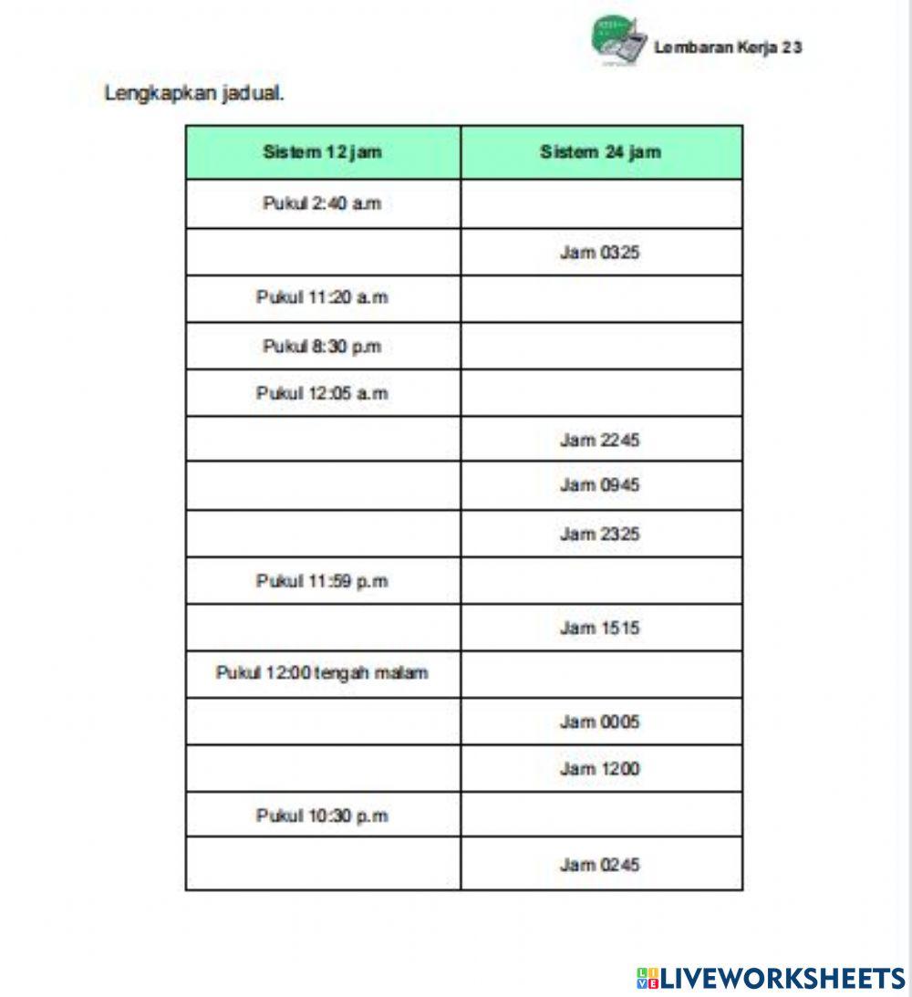 Sistem 12 Jam dan 24 Jam online worksheet | Live Worksheets
