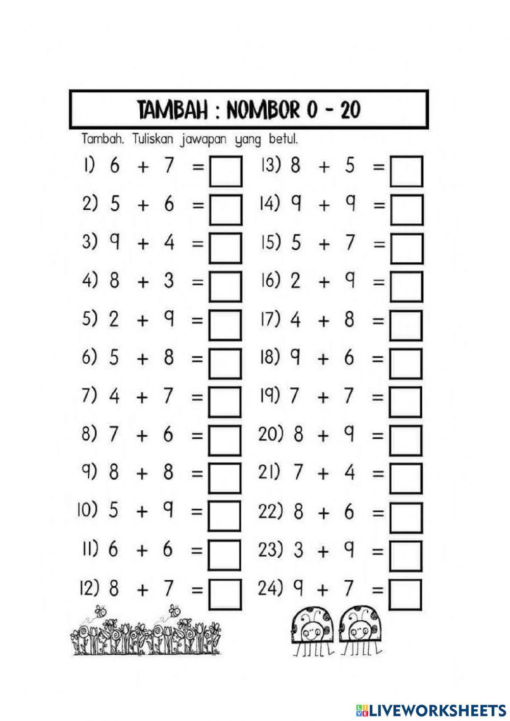 Operasi tambah online exercise for pree school | Live Worksheets