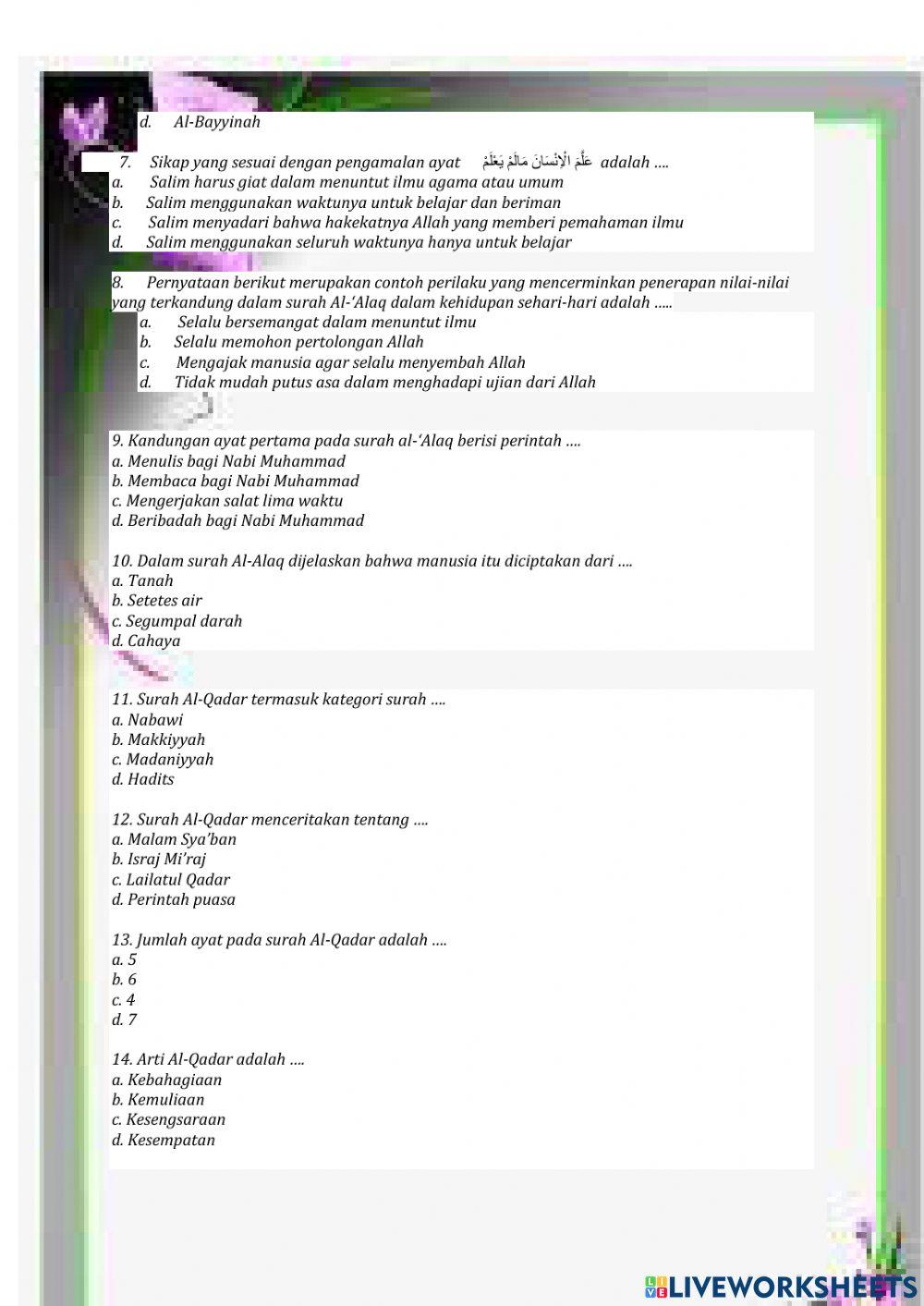 Soal qu'ran hadits worksheet | Live Worksheets