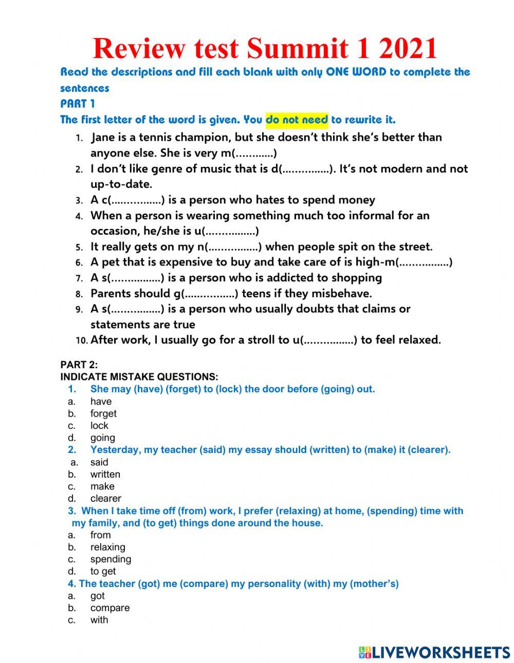 SUMMIT 1 - FINAL REVIEW TEST 2 online exercise for | Live Worksheets