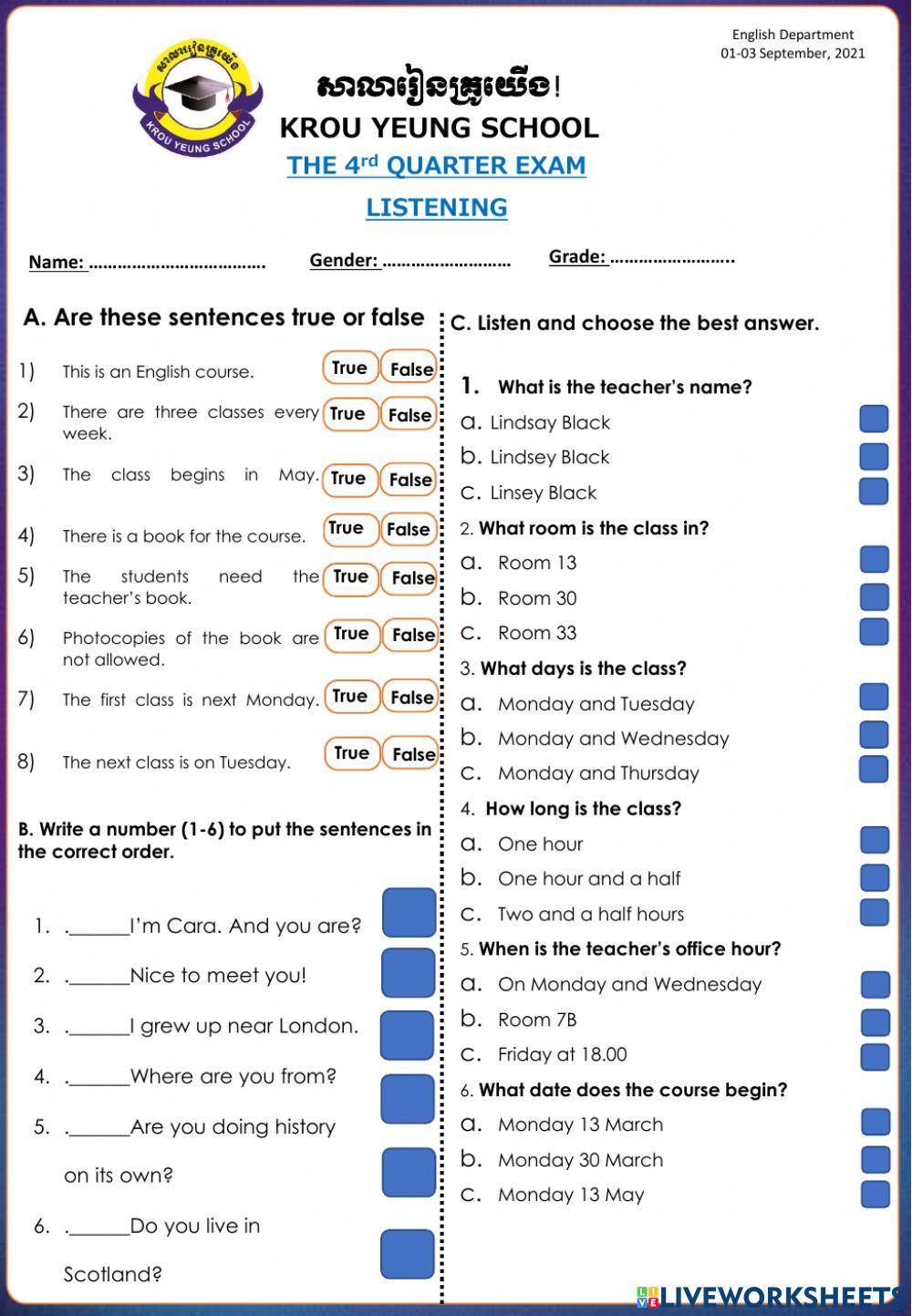 The Four Quarter Examination(Listening) worksheet | Live Worksheets