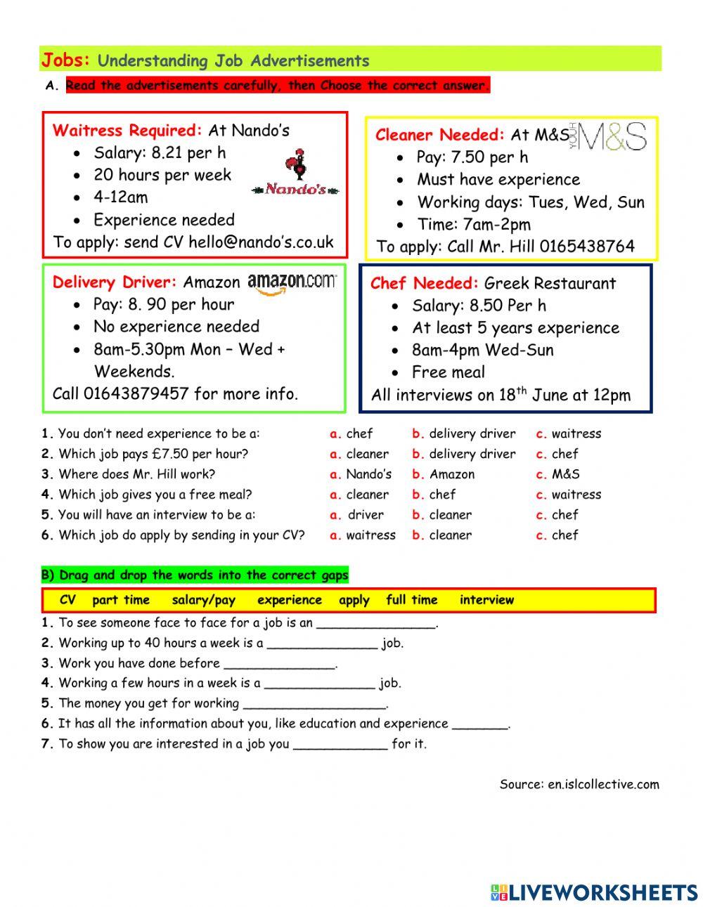 JOB ADVERTISEMENT 2 online exercise for | Live Worksheets