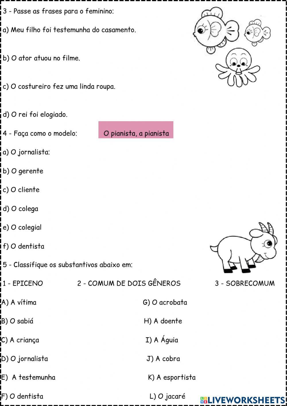 Exercícios Substantivos Epicenos Sobrecomum Comum Dois Gêneros Com ...