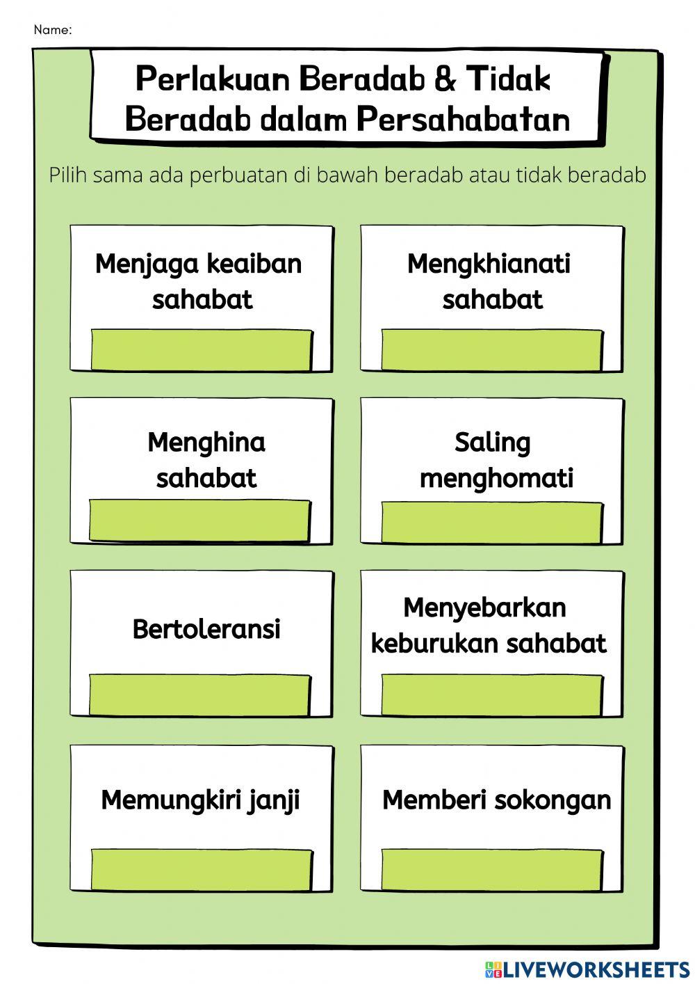 Perlakuan Beradab & Tidak Beradab dengan Sahabat worksheet | Live ...