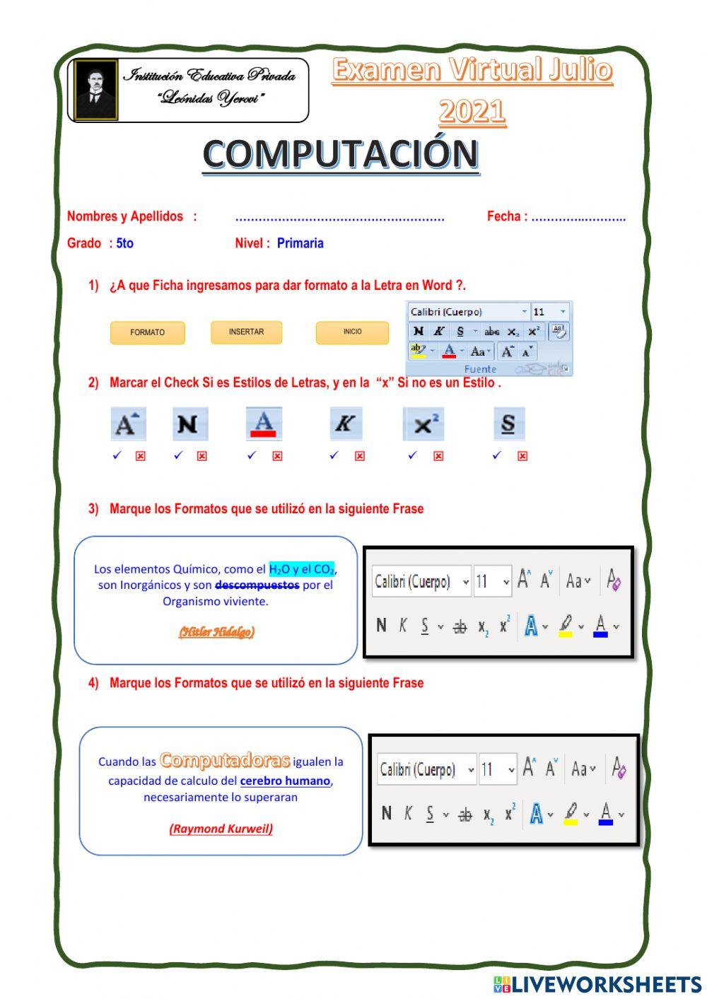 Examen de Compu… | Free Interactive Worksheets | 1298520