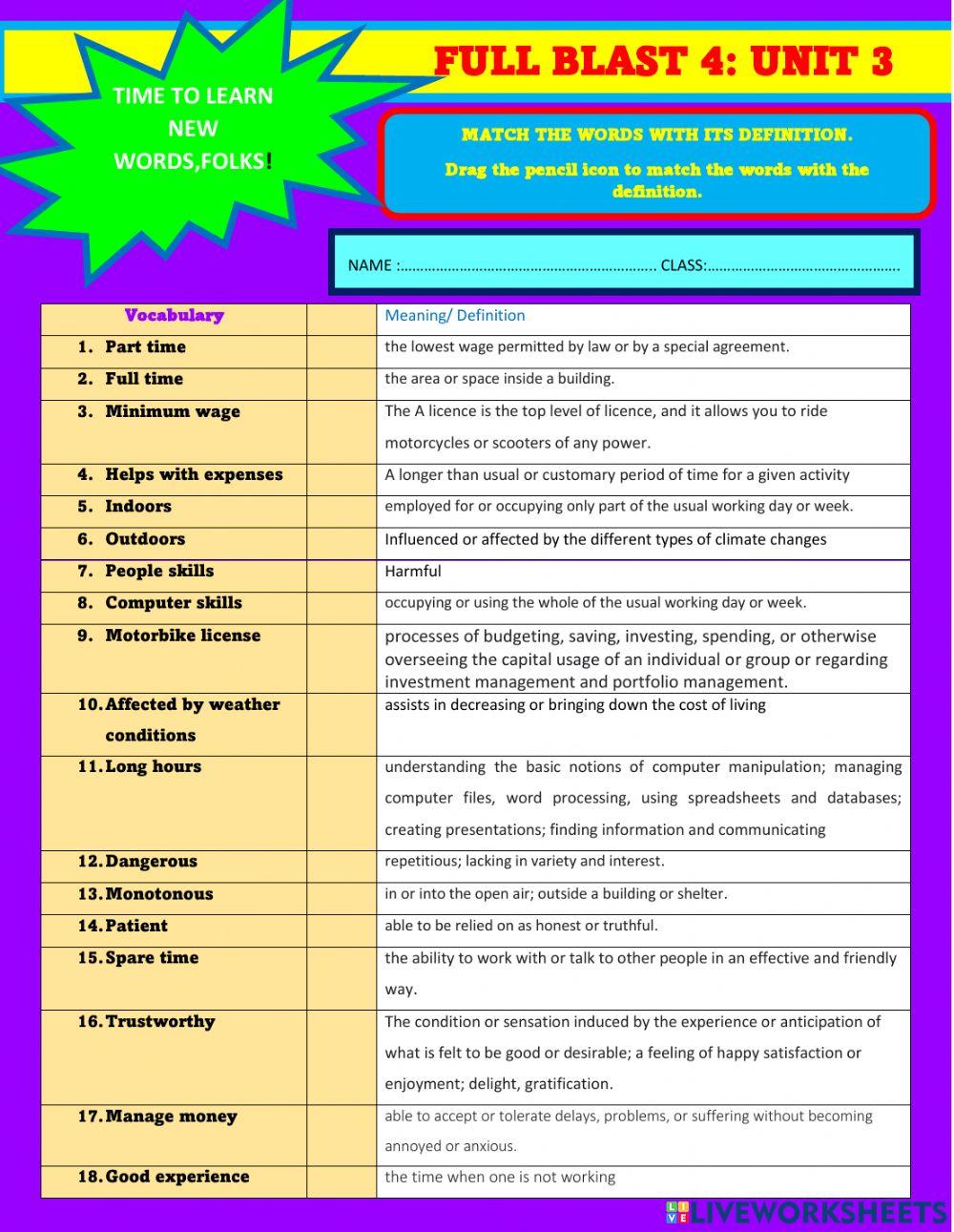 F4 full blast unit 3 matching definitions worksheet | Live Worksheets
