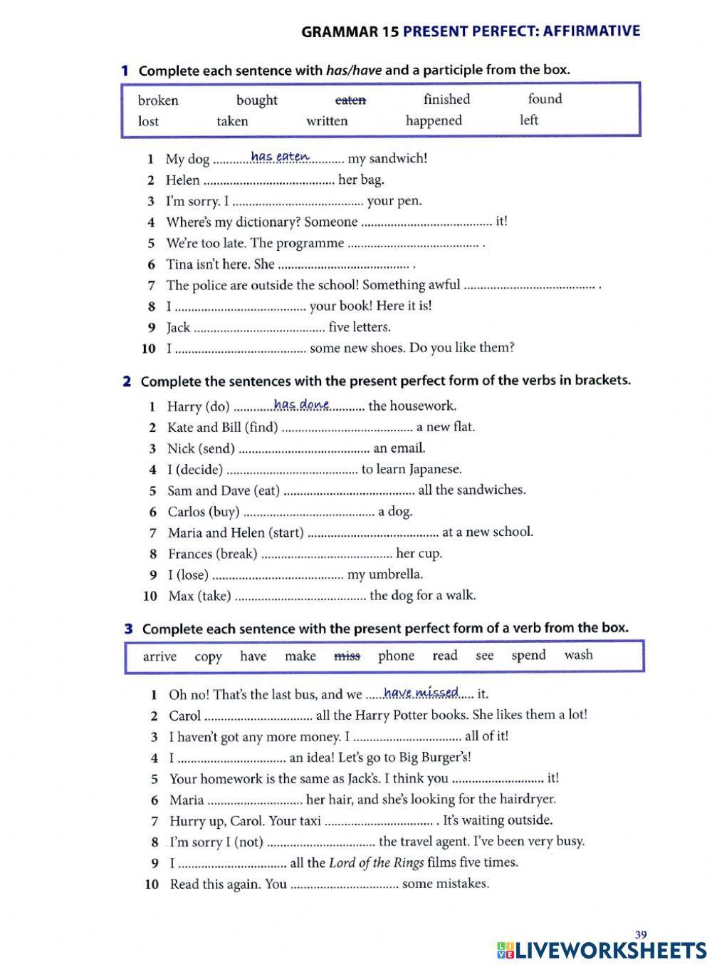 Present Perfect… | Free Interactive Worksheets | 1299189