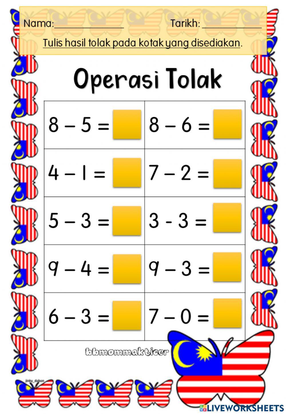 Operasi Tolak online exercise for prasekolah/tadika | Live Worksheets