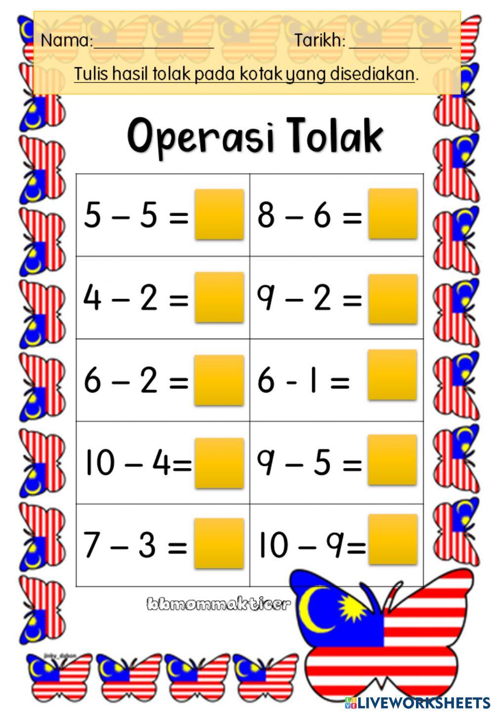 Operasi Tolak online exercise for PRASEKOLAH/TADIKA | Live Worksheets