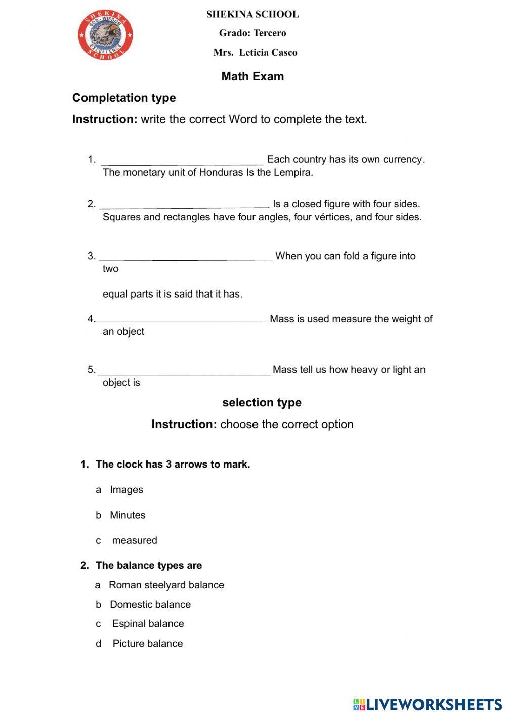 Math exam online pdf exercise for third grade | Live Worksheets