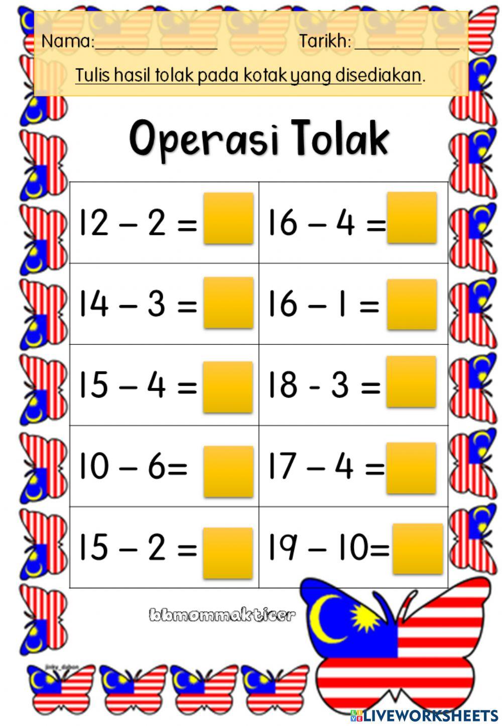 Operasi Tolak 1299770 | faiznur_89 | Live Worksheets