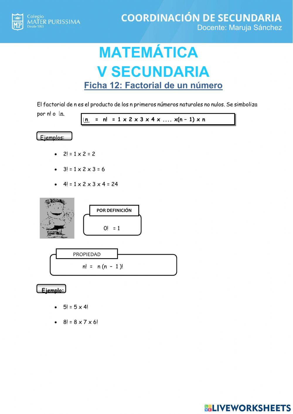 Factorial de un numero activity | Live Worksheets