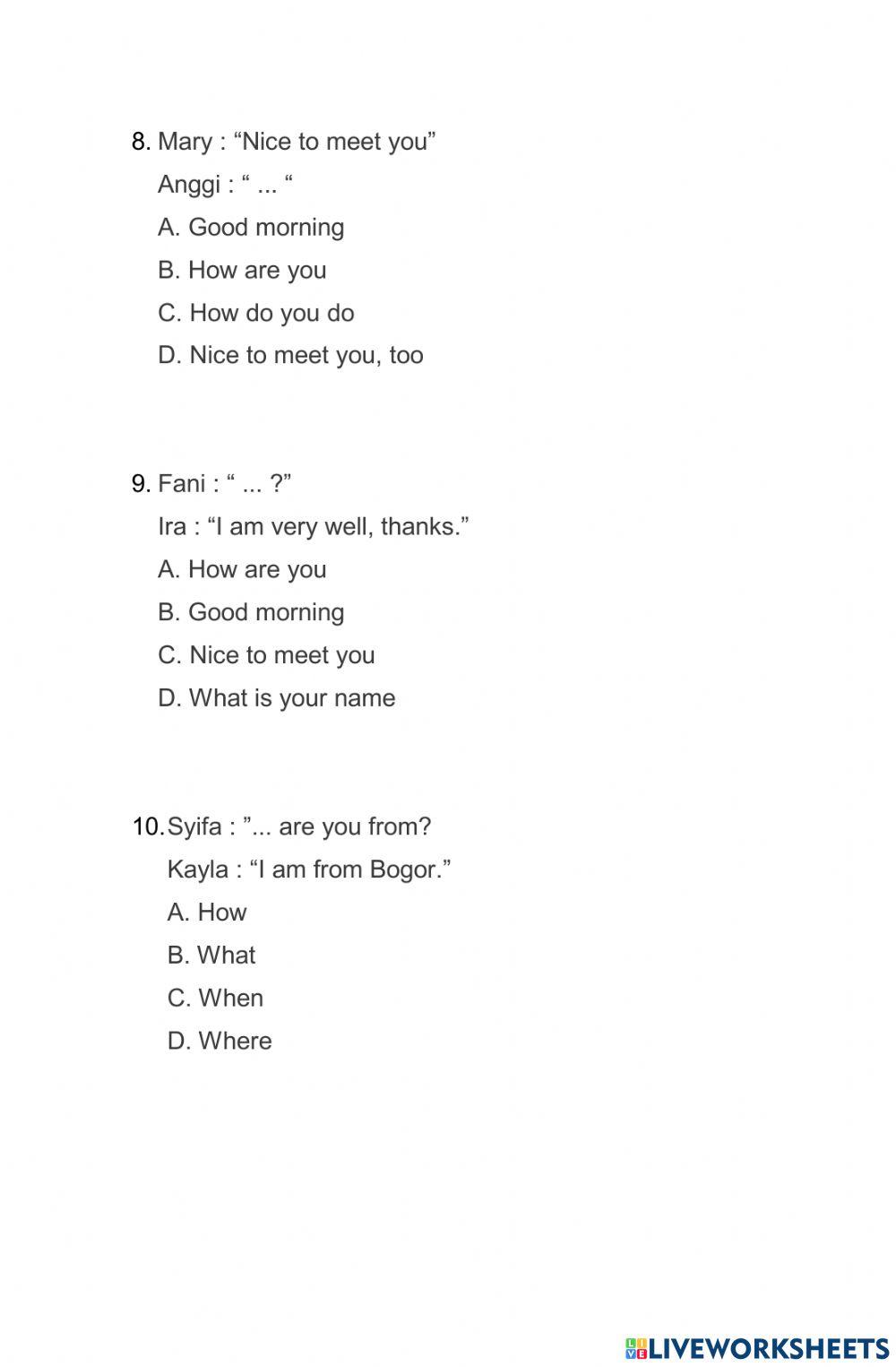 Latihan Greeting worksheet | Live Worksheets