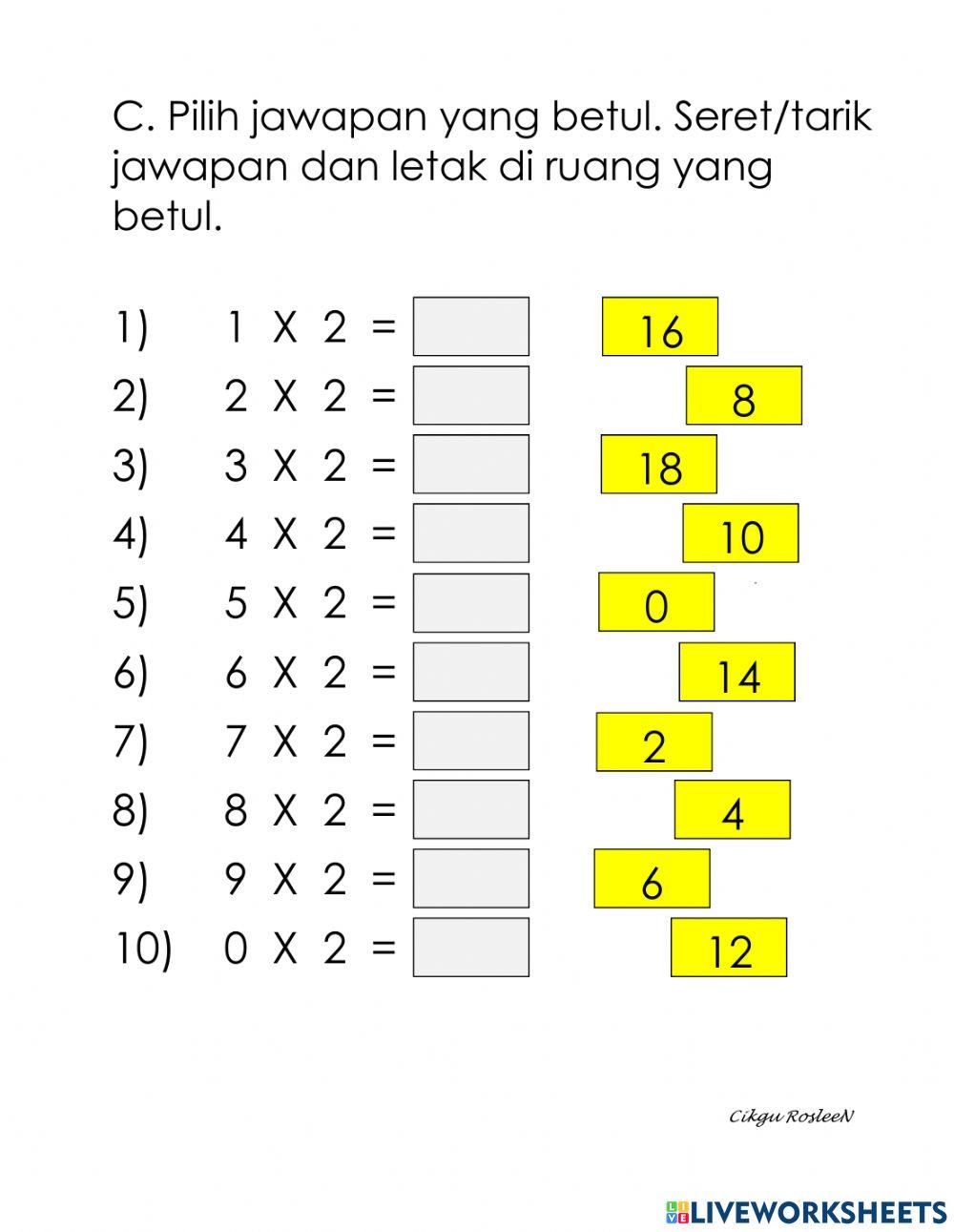 OPERASI DARAB: Sifir 2 worksheet | Live Worksheets
