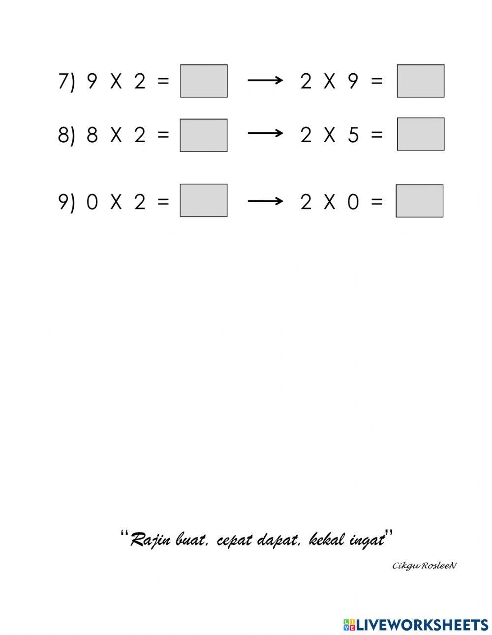 OPERASI DARAB: Sifir 2 worksheet | Live Worksheets