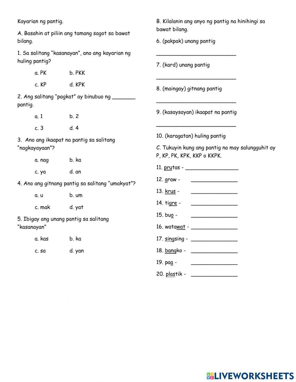 Pormasyon Ng Pantig Worksheet Live Worksheets 60 Off