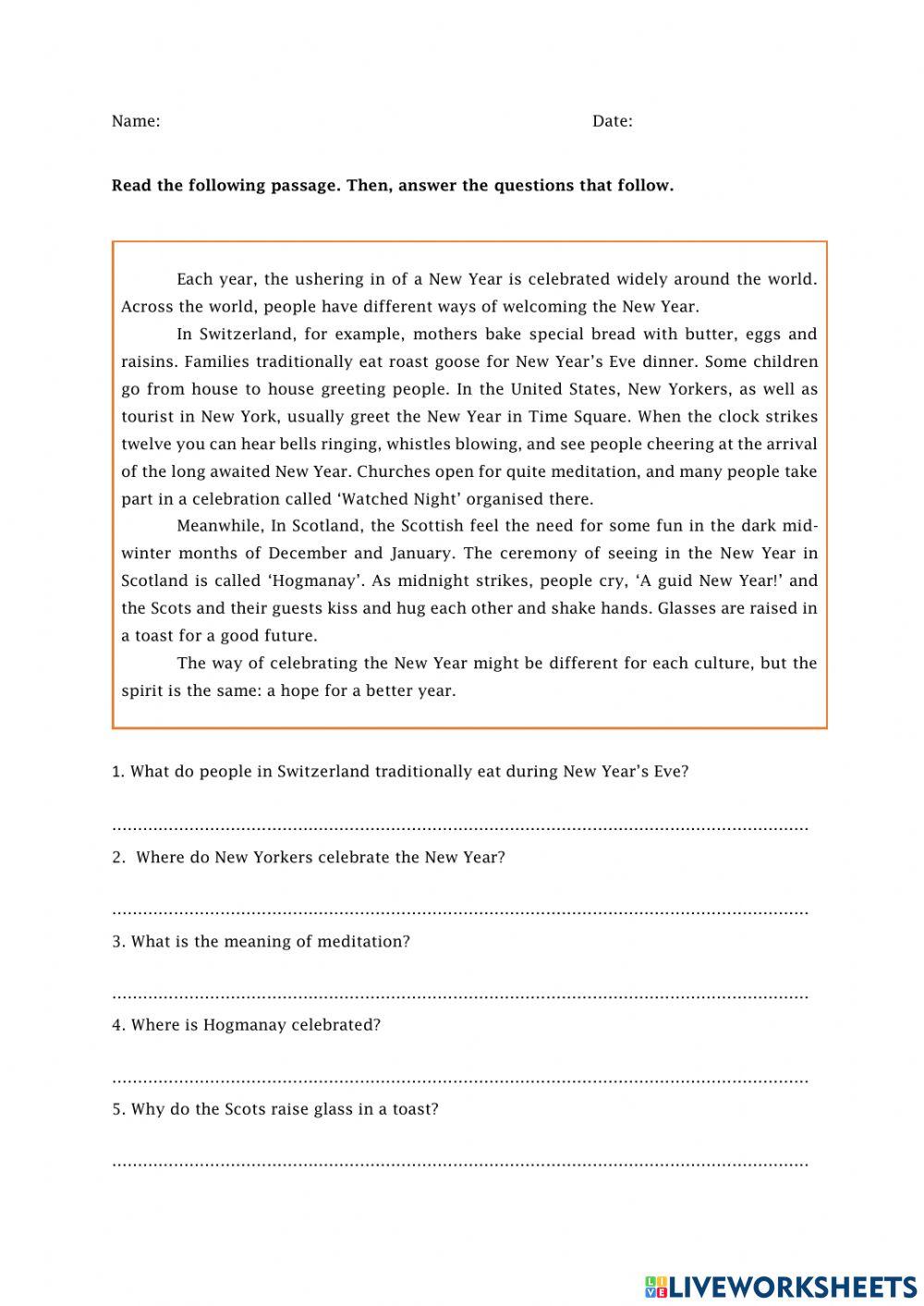Form 1 - Reading New Year's Eve online exercise for | Live Worksheets