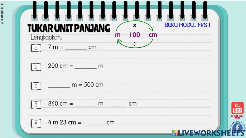Tukar Unit Panjang activity | Live Worksheets