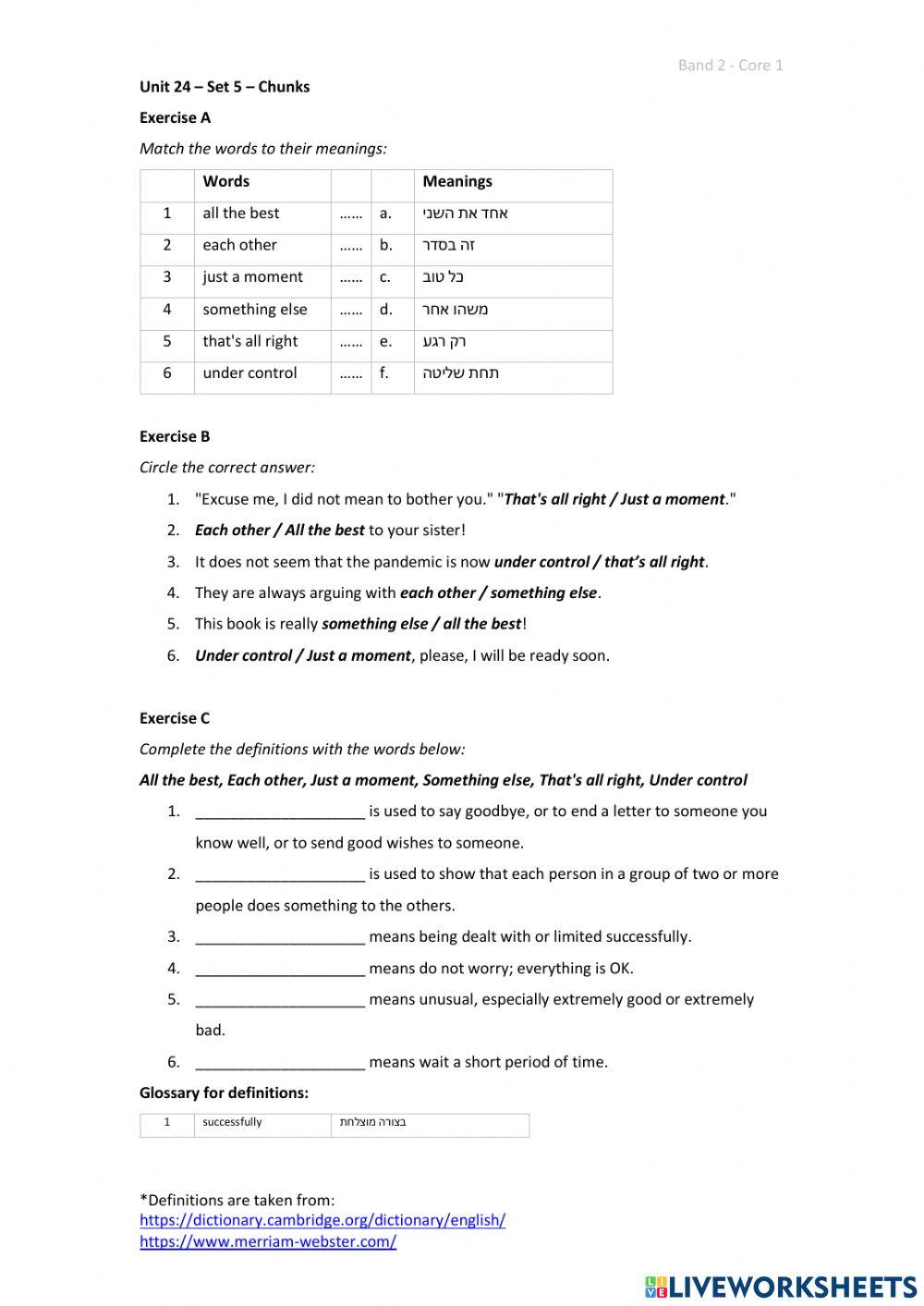 Band 2 (Core 1) - Unit 24 - Set 5 worksheet | Live Worksheets