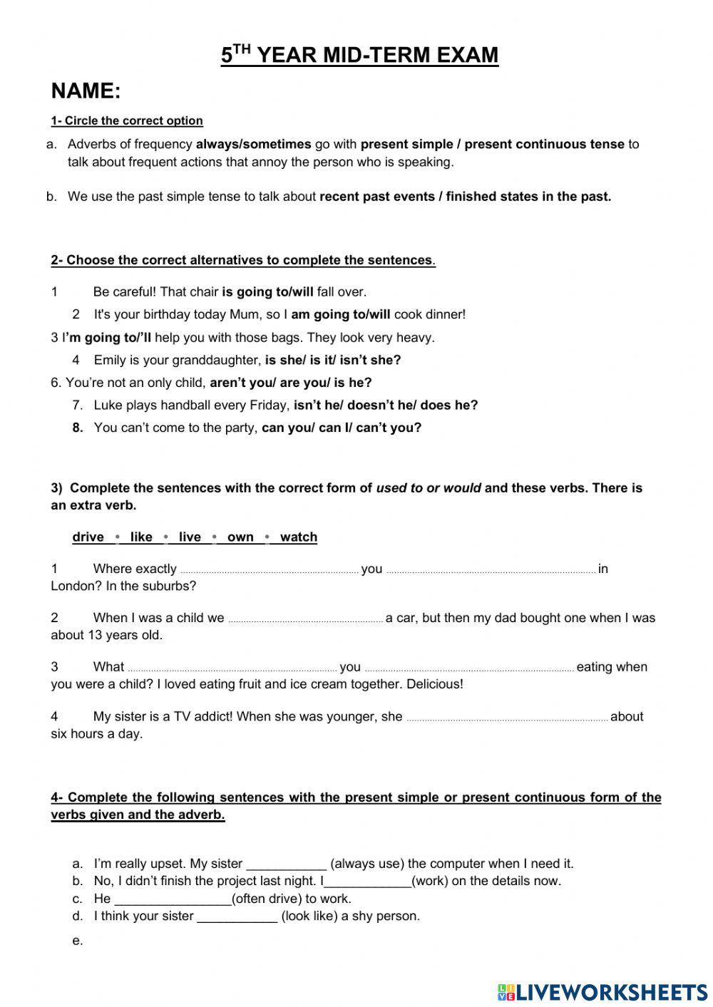 5th form a worksheet | Live Worksheets