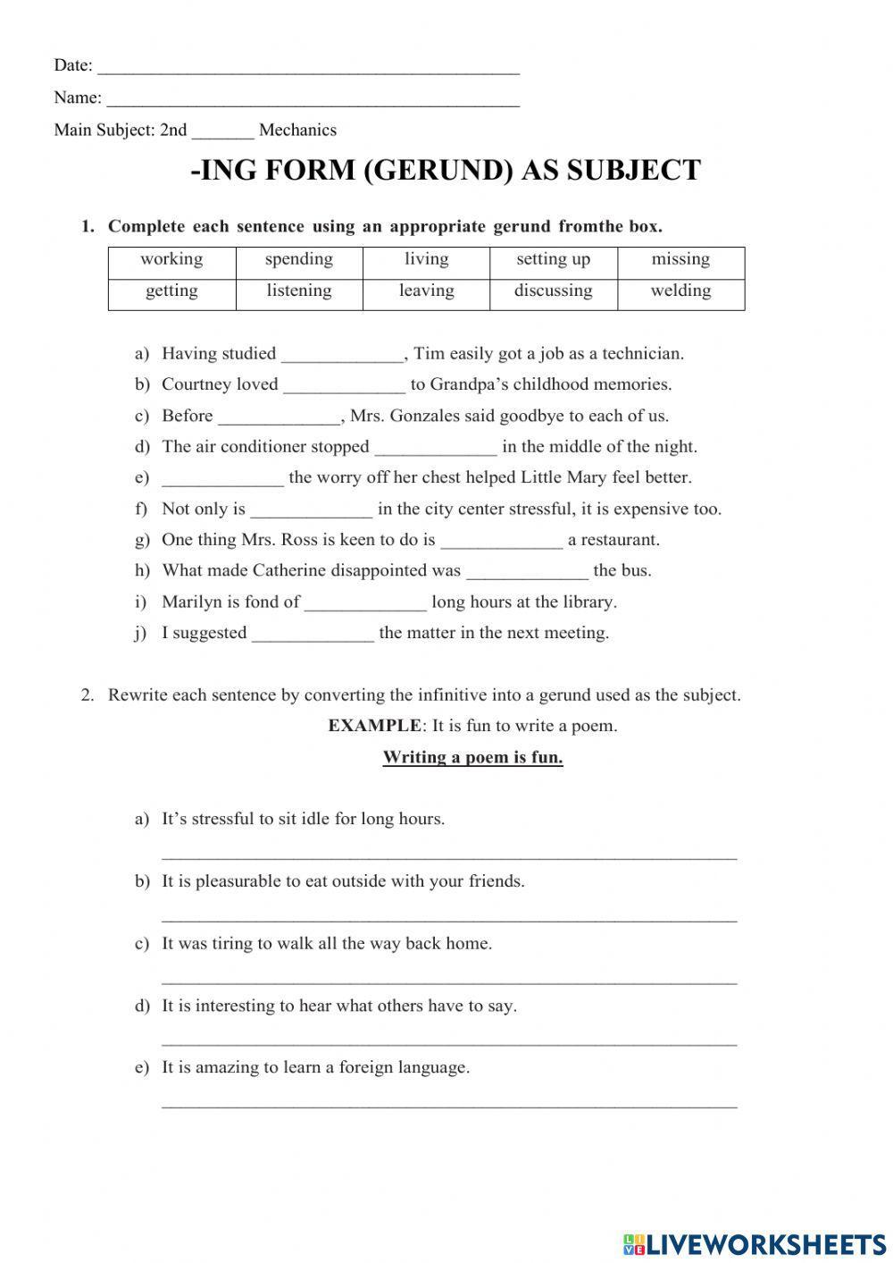 Gerunds as subj… | Free Interactive Worksheets | 1304533