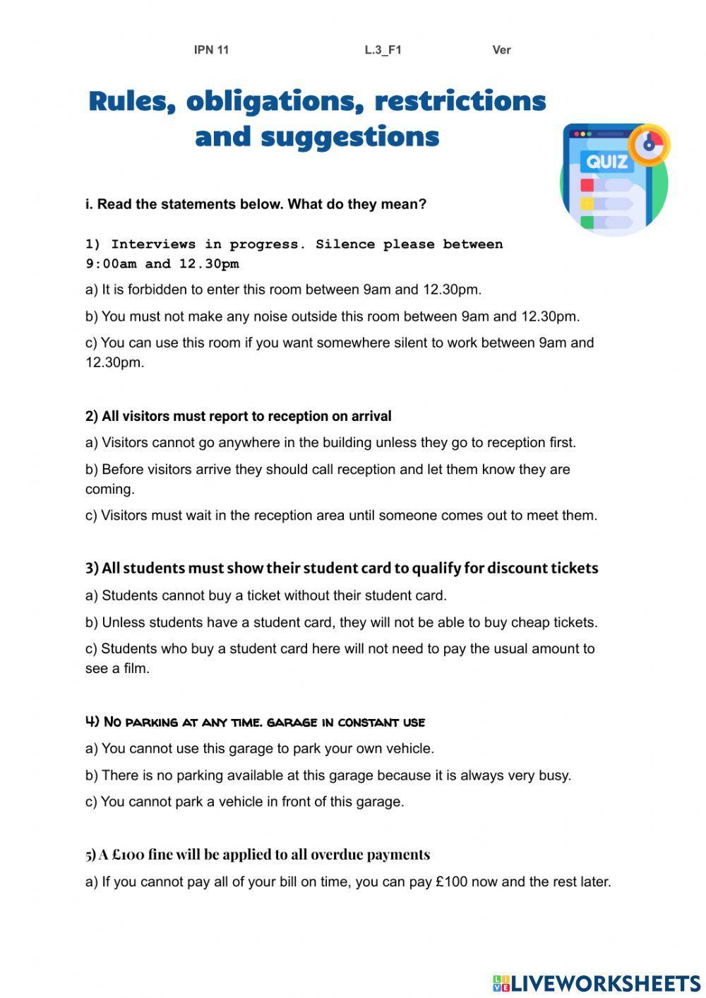 L11.L3.F1.Ver-Rules and restrictions worksheet | Live Worksheets