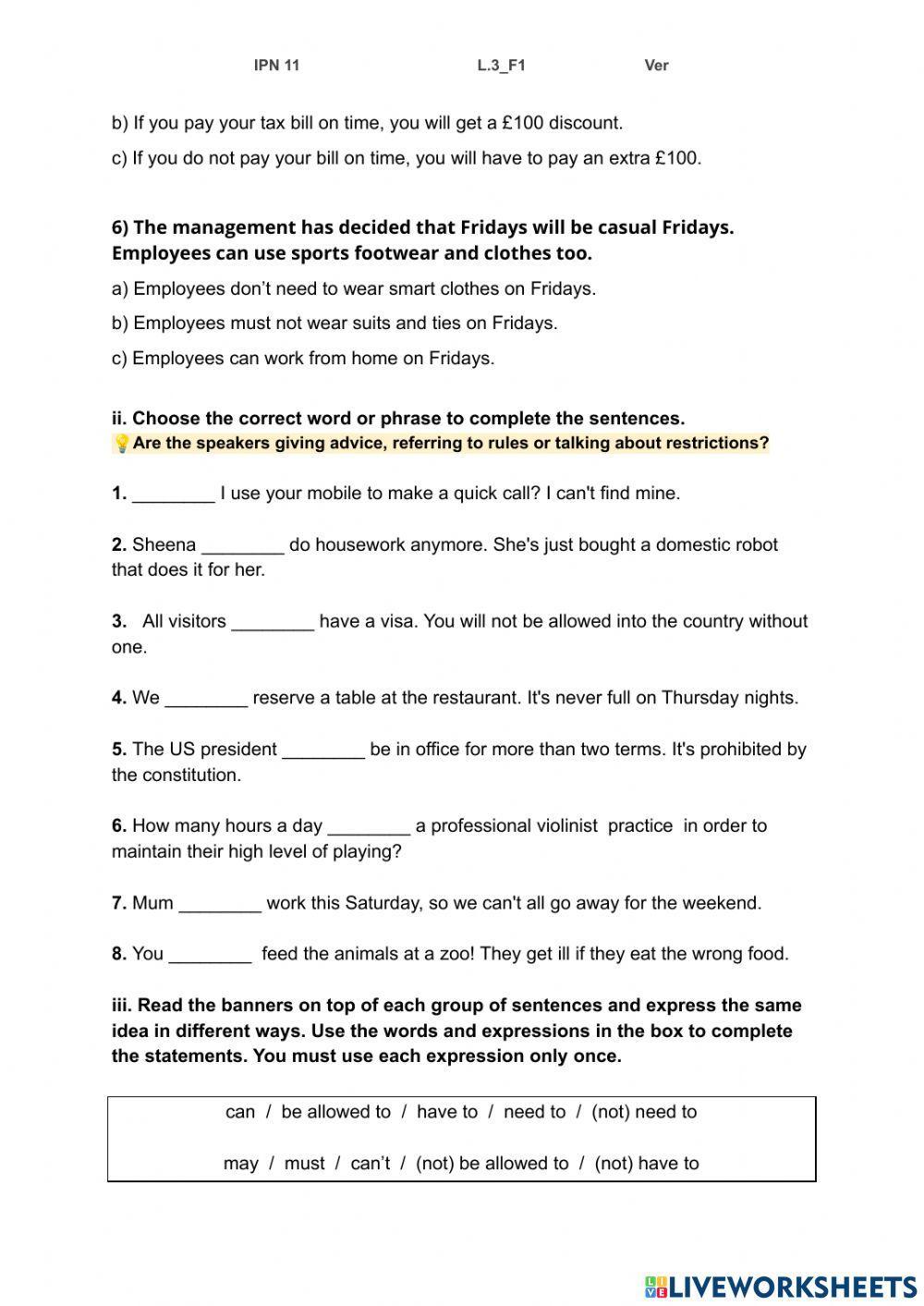 L11.L3.F1.Ver-Rules and restrictions worksheet | Live Worksheets