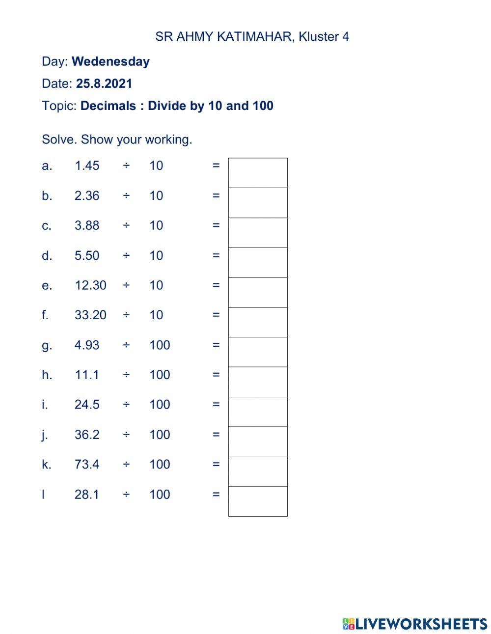 Decimals: divid… | Free Interactive Worksheets | 1304837