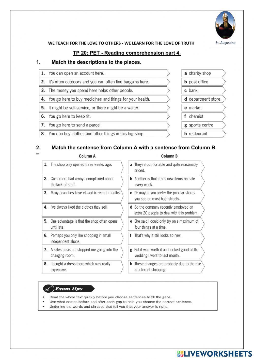 TP 20- PET - Reading comprehension part 4. worksheet | Live Worksheets