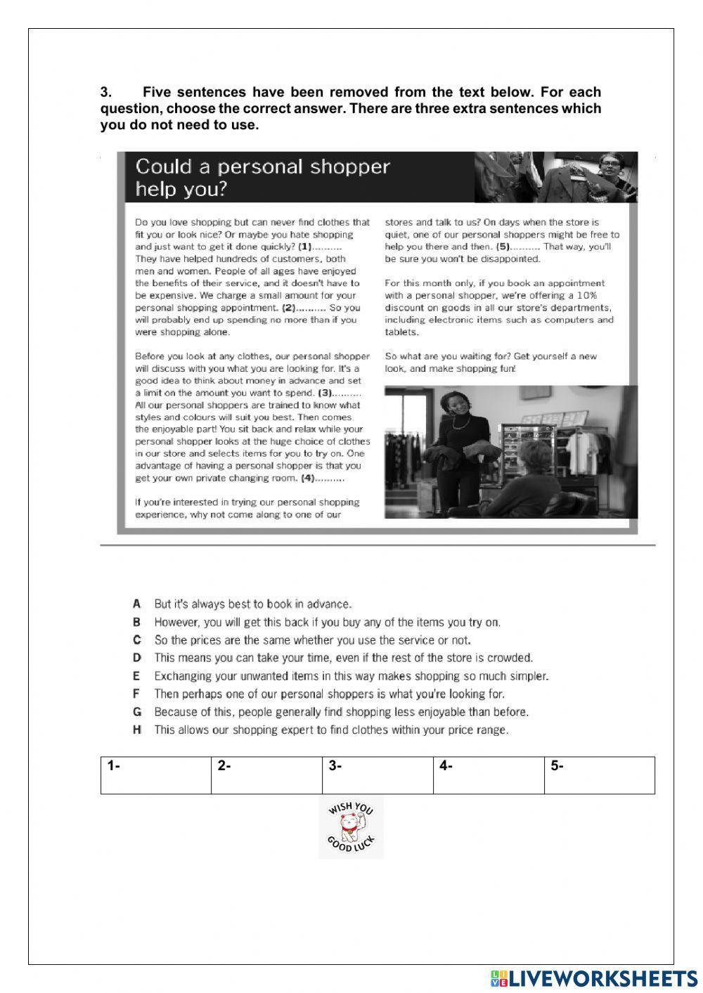 TP 20- PET - Reading comprehension part 4. worksheet | Live Worksheets